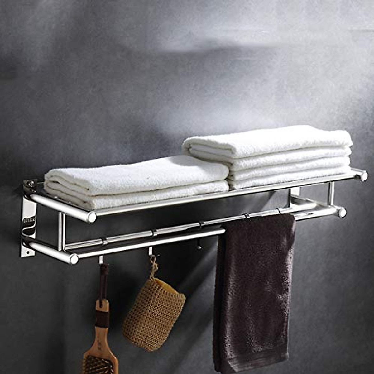 OMOONS Stainless Steel Plated Wall Mounted Bathroom Towel Double Shelf Storage Rail Holder Rack