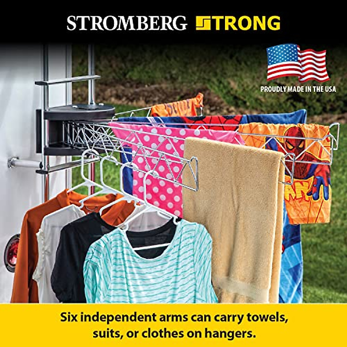 Stromberg Carlson Extend-A-Line 35" Long Versatile Swing Arm Drying Rack and Clothes Hanger with Swinging Towel Bar and Folding Clothes Hanger for RVs, Motorhomes, Campers & Home
