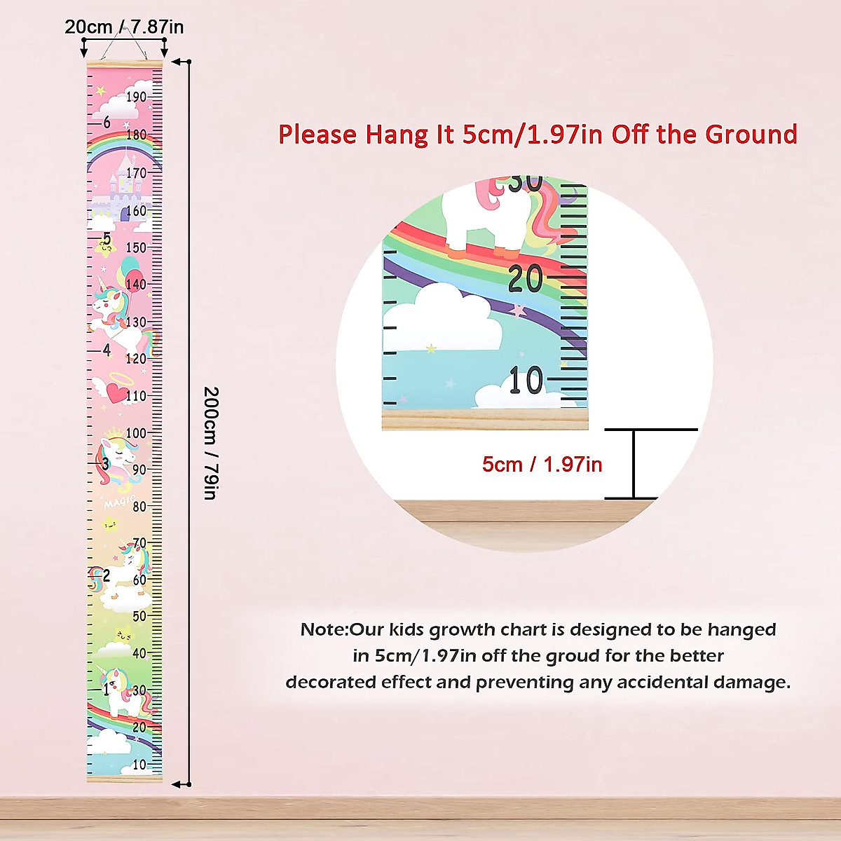 HIFOT Kids Growth Chart Height Measuring Chart, Unicorn Canvas Wall Hanging Rulers for Baby Children Girls Bedroom Decor 74.8''* 7.87''