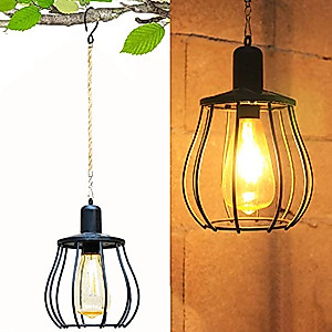 Hanging Solar Lights Outdoor - Hemp Rope Solar Powered Lantern Waterproof Retro Lanterns Lamps with Warm Light Edison Bulb for Patio,Yard,Garden and Pathway Decoration(Semicircle), Warm White