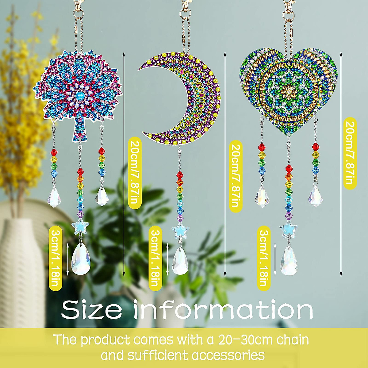 3 Pieces Diamond Painting Suncatcher Wind Chime Cross Sun Star Moon Heart Mandala Double Sided Crystal Gem Paint by Number Diamond Painting Hanging Ornament for Home Garden (Moon, Heart, Mandala)