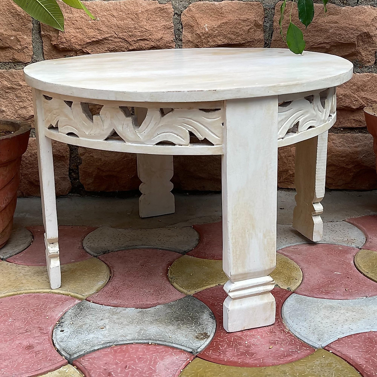 Wooden Carved Chakki Table, Handicraft Round Coffee Table/Cake Cutting Table/Side Table/Nightstand Table/Lamp Table/Bedside Table