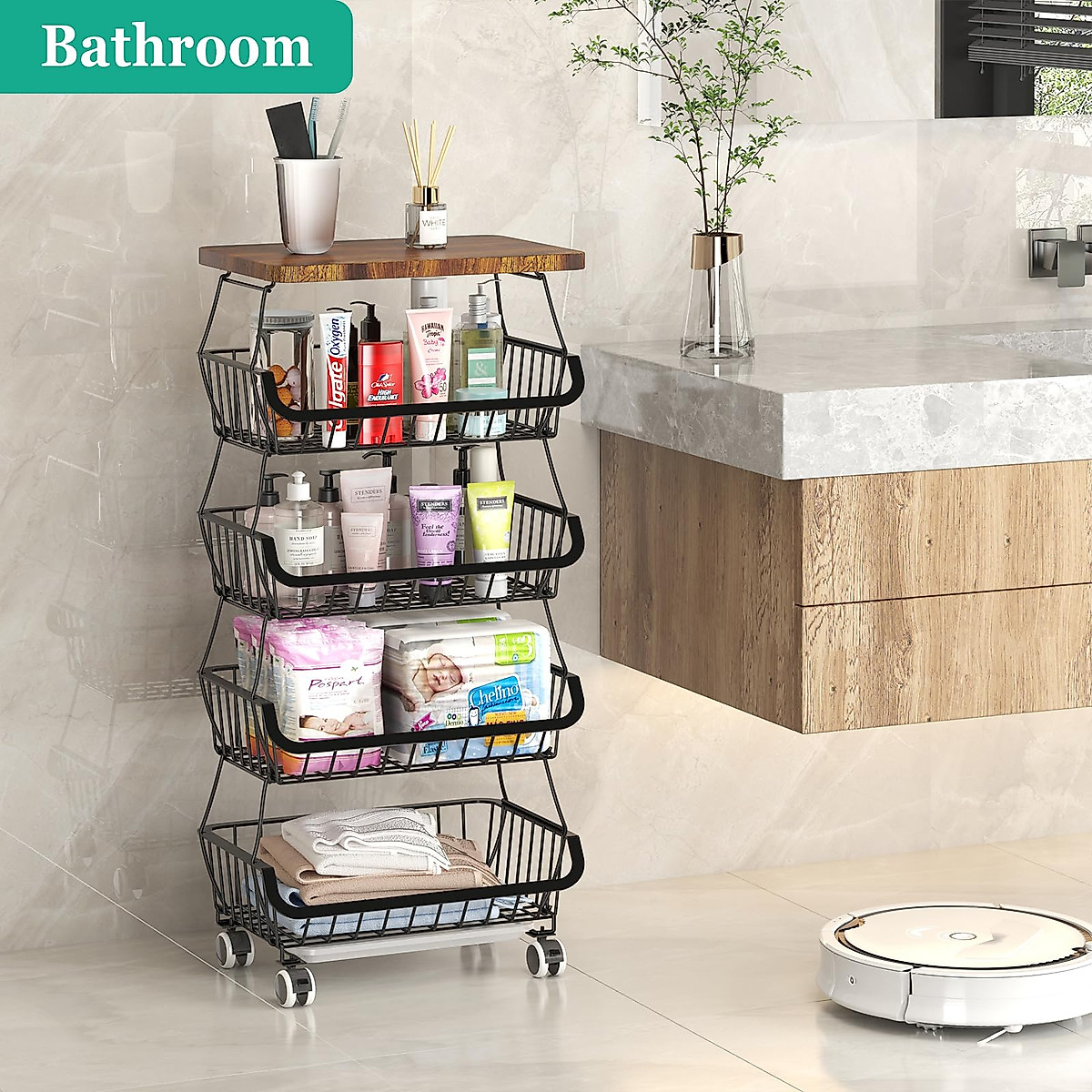 CHLORYARD Fruit Basket with Wooden Lid for Kitchen, 5-Tier Stackable Wire Fruit Vegetable Storage Basket Organizer Stand on Wheel, Produce Basket Potato Onion Storage Bins Rack Cart for Pantry