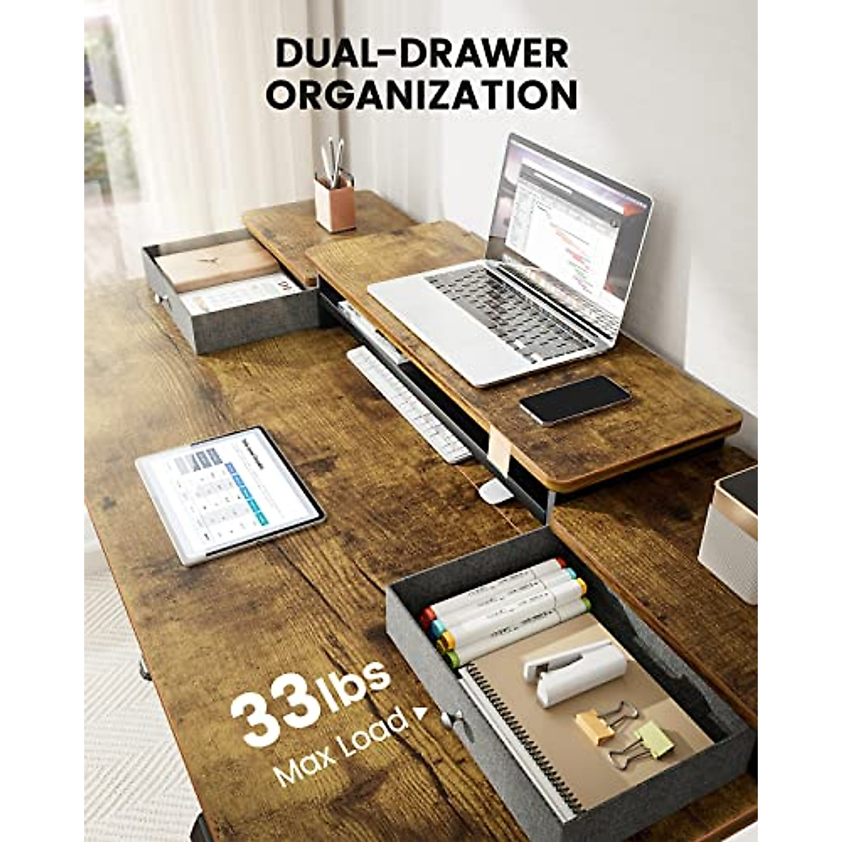 ErGear Electric Standing Desk with Double Drawers, 48x24 Inches Adjustable Height Sit Stand Up Desk, Home Office Desk Computer Workstation with Storage Shelf, Vintage Brown