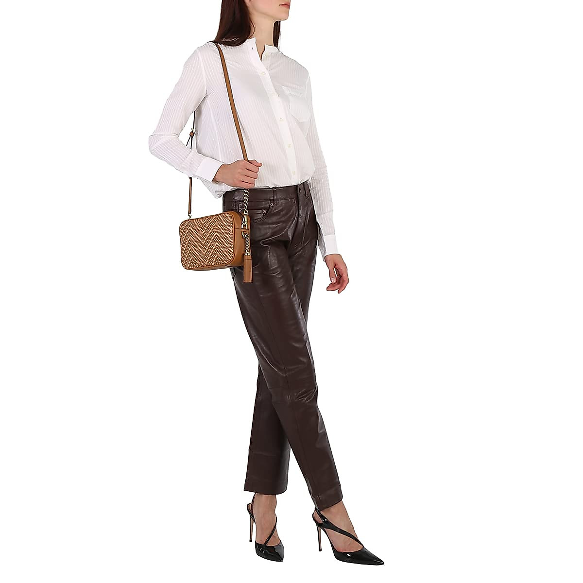 Michael Kors Ginny Medium Woven Leather Crossbody- Acorn/Butternut