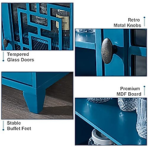 KIVENJAJA Buffet Cabinet with Storage, 60” Sideboard with 2 Glass Doors and Adjustable Shelves, Coffee Bar Table Credenza for Kitchen, Dining Room, Entryway, Living Room (Teal Blue)