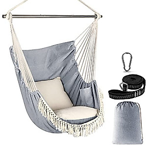 Chihee Hammock Chair Hanging Seat 2 Pillows Included,Durable Stainless Steel Spreader Bar Portable Hanging Chair Side Pocket Large Macrame Chair Set Quality Cotton Weave for Comfort Indoor Outdoor