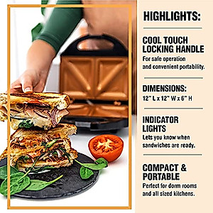Gotham Steel Sandwich Maker, Toaster Panini Press Breakfast Sandwich Maker with Nonstick Surface, Makes 2 Sandwiches in Minutes, with Easy Cut Edges and Indicator Lights, College Dorm Room Essentials