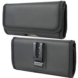 Case for Motorola Phone, Nakedcellphone Black Vegan Leather Horizontal Pouch [Metal Clip, Belt Harness, Magnetic Closure] for Moto ThinkPhone, Edge, Edge+, G Power 5G, G Play, Nokia C300/C110/G310