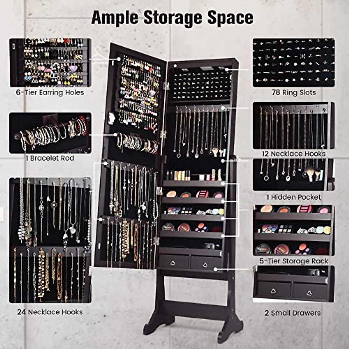 COSTWAY Standing Jewelry Cabinet Armoire, Large Storage Jewelry Organizer w/Full Length Mirror, 4 Adjustable Angles & 2 LED Lights, Lockable Mirror Jewelry Cabinet for Living Room, Bedroom, Brown