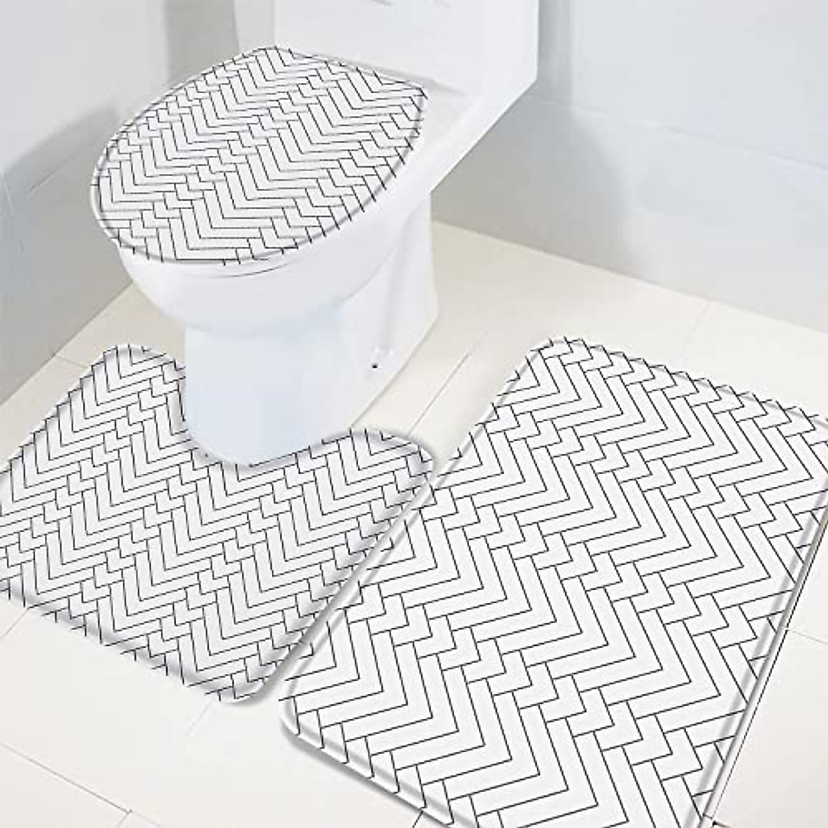 Apular Fashion 3 Piece Bath Rugs Set Modern Herringbone Geometric Grey and White Non Slip Ultra Soft Bathroom Accessories Mats, U Shape Mat and Toilet Lid Cover Mat Bath Mats