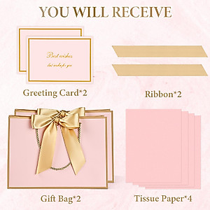 JMANNI Gift Bags, Small Gift Bags, 2Pcs Paper Gift Bag with 4 Tissue Paper and 2 Greeting Cards, Present Bags with Handles for Women Girls Bridesmaid Birthday Valentines Wedding Party (Pink-Golden)