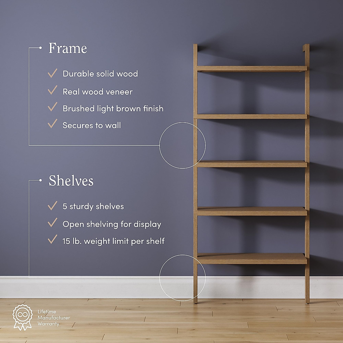 Nathan James Beacon 5 Tier Bookshelf, Wall Mounted Bookcase, Solid Wood Bookshelf in Wire Brushed Finish, Boho Rustic Bookcase