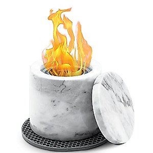 Montex Marble Tabletop Fire Pit Rubbing Alcohol Fireplace with Lid and Silicon Mat, Fire Pit Bowl for Indoor and Outdoor White