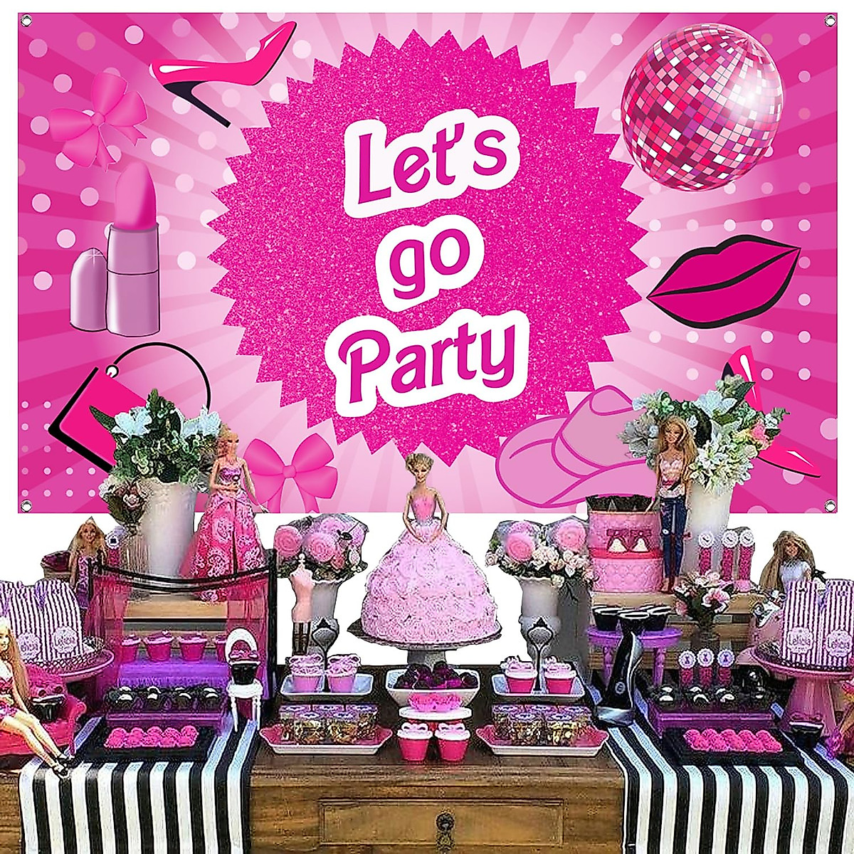Hot Pink Let's Go Party Banner Princess Themed Banner Photo Frame Photography Background Girls Women Birthday Bachelorette Party Banner Decorations Photo Props Party Favor