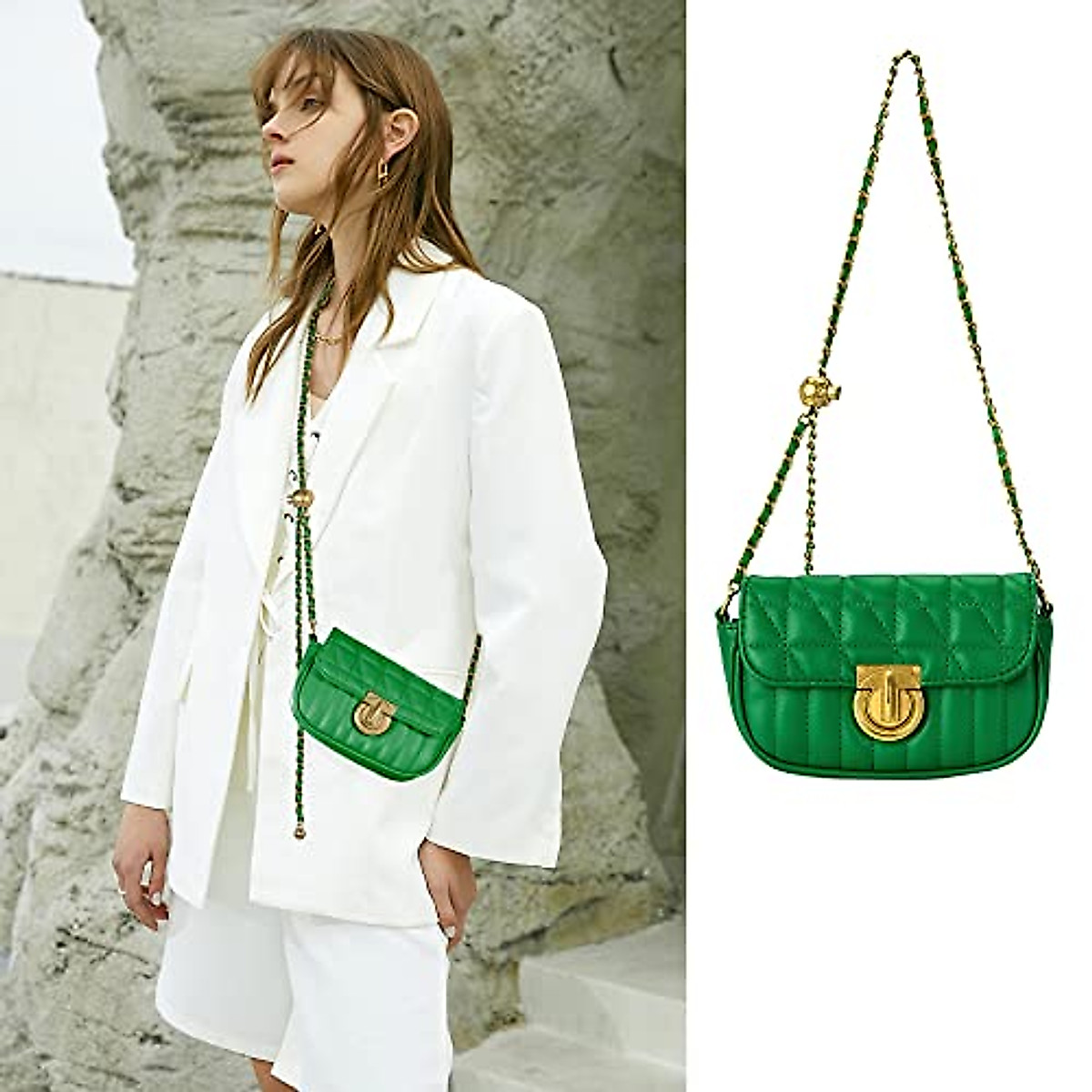 Milan Chiva Women's Crossbody Handbags Quilted Satchel Bag Ladies Stylish Evening Bag Clutch Purses with Chain Shoulder Strap Green ABU-MC-1001GN