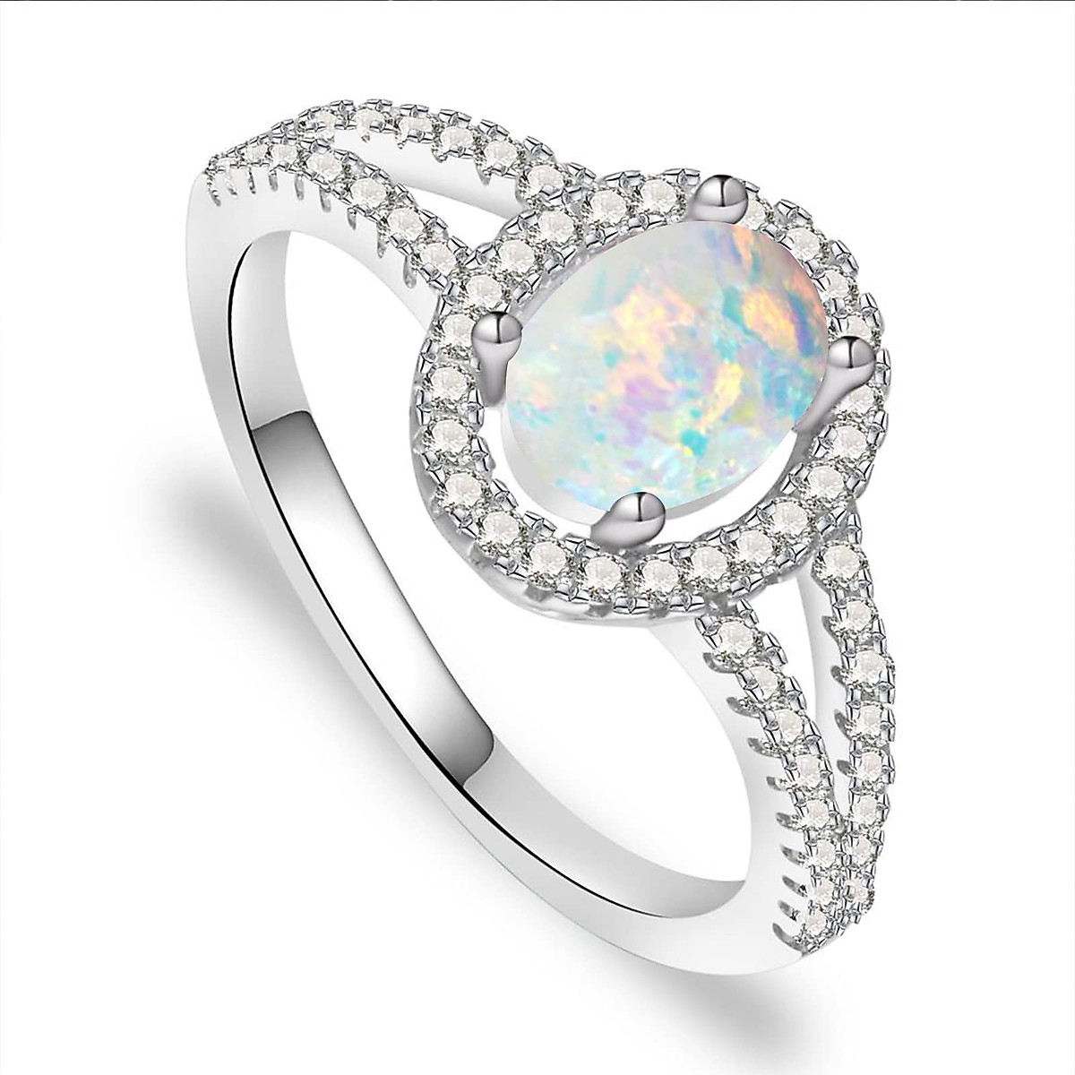 YDD 14K White Gold Opal Rings for women 1 Carat(1 CT) Halo Oval Cut Opal Engagement Rings for Women Opal Birthstone Anniversary Ring Free Engraved Size 7.5
