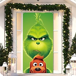 Nepnuser Grinchmas Door Cover Christmas Green Elf Decoration Winter Holiday Party Backdrop Door Hanging Banner