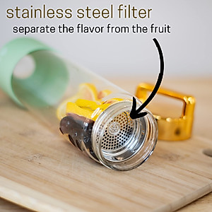 Terraflo Fruit Infuser Premium Glass Water Bottle 24 oz (700 mL) - Removable Anti-Slip Silicone Sleeve - Top Handle Lid - Stainless Steel Filter for Infusion - Infused Bottles for All (Gold & Green)
