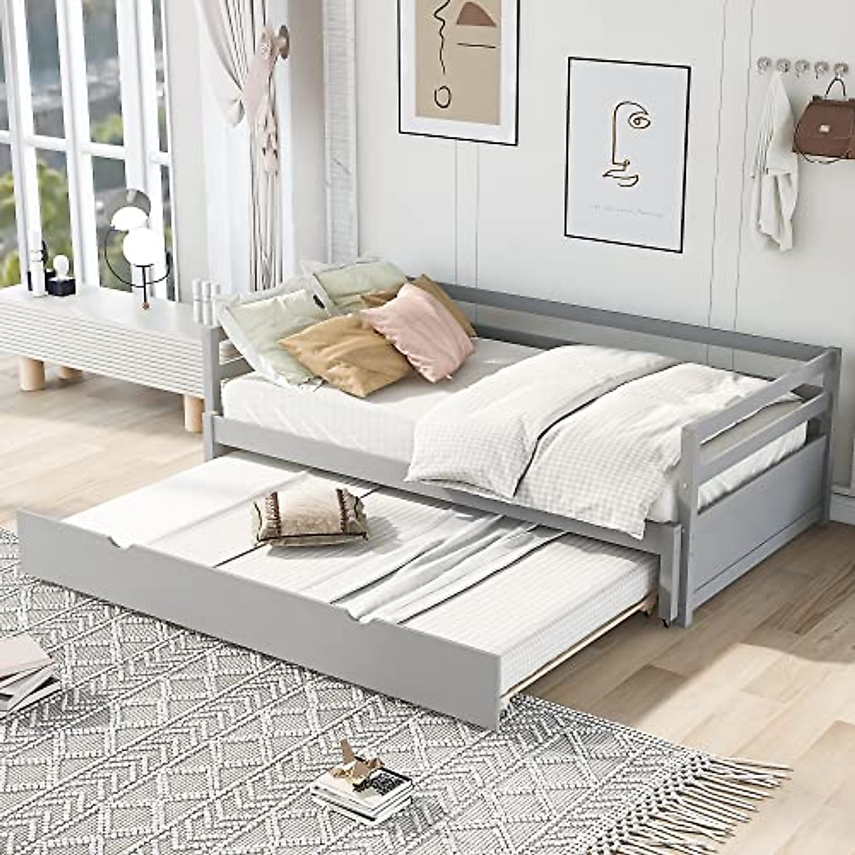 Classic Solid Wooden Daybed with Pop Up Trundle Twin to King Extendable Sofa Bed for Living Room Bedroom Guest Room Space Saving, Gray
