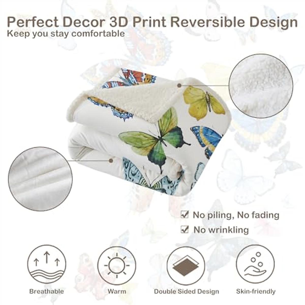 Sleepwish Butterfly Blanket Home Throw Blanket Sherpa Flannel Fleece Reversible Blankets Girls Hippie Blanket (60 x 80 Inch)