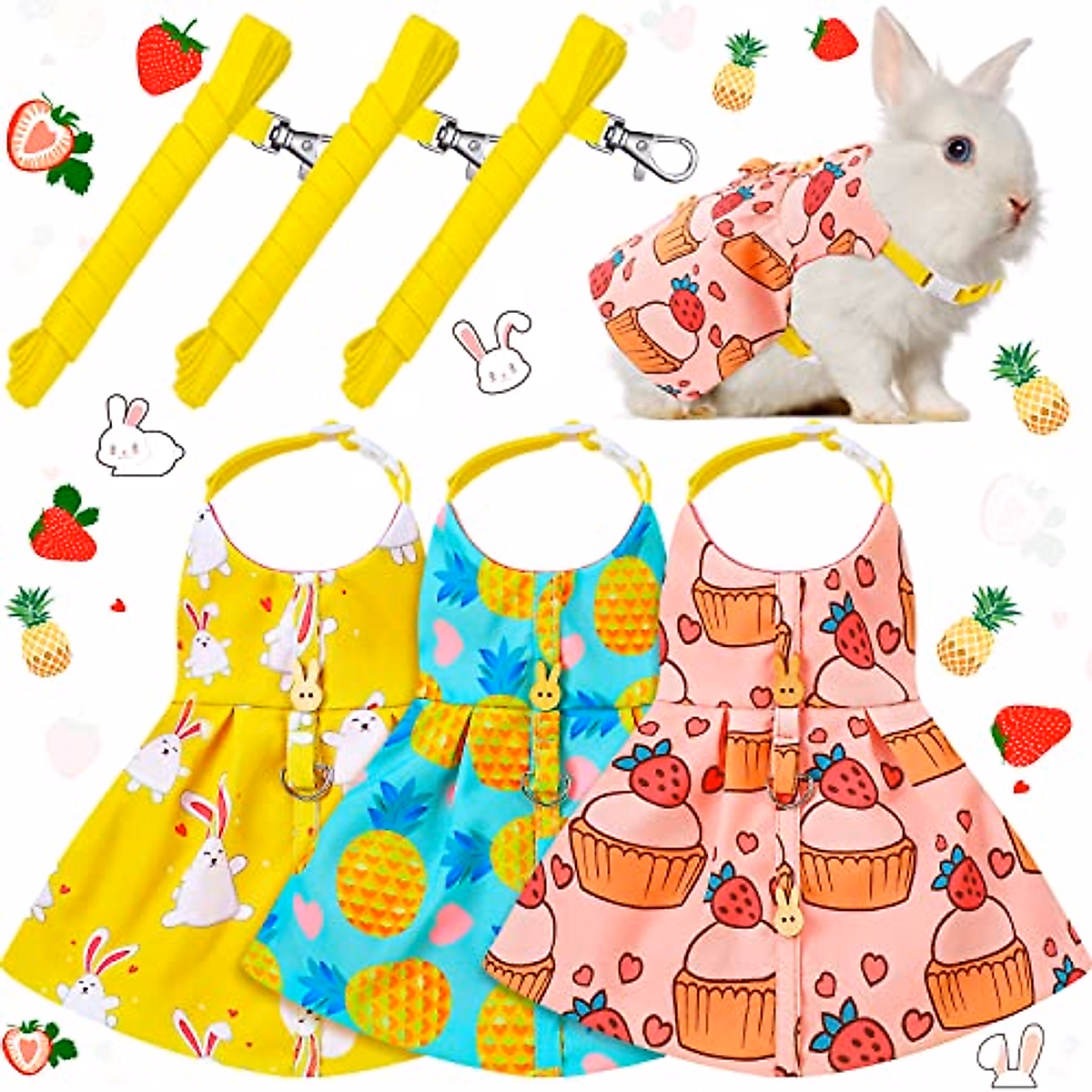 3 Piece Cute Rabbit Leash and Harness Set, Bunny Rabbit Dress Clothes Walking Harness Vest Escape Proof Pet Supply for Rabbit Hedgehog Ferret Guinea Pig (Cake, Bunny, Pineapple)