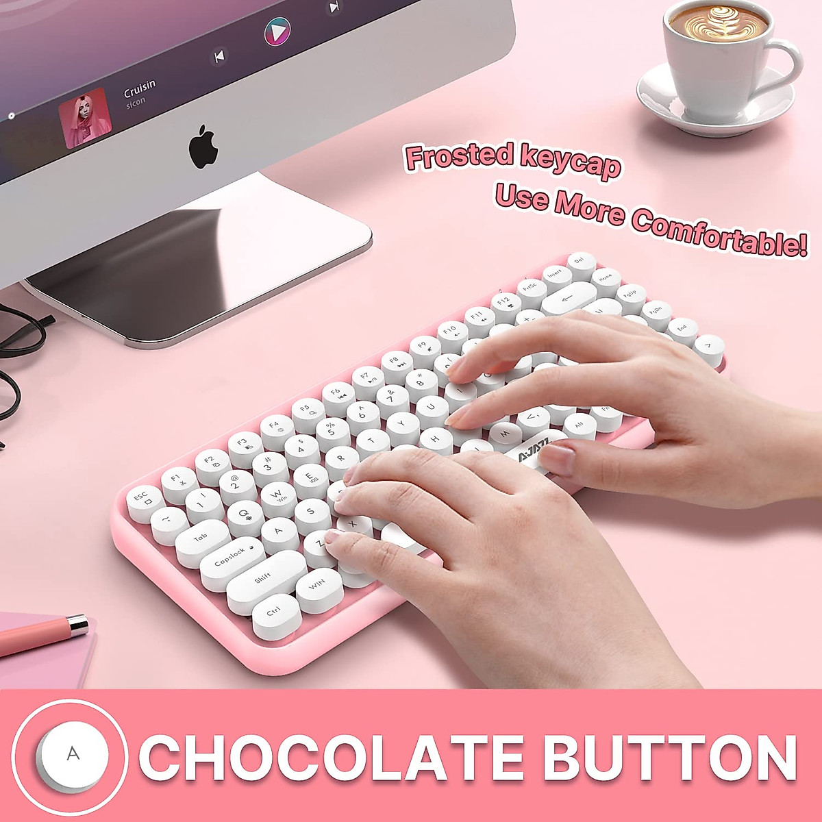 FELICON Wireless Bluetooth Keyboard, Mini Portable 84-Key Typewriter Retro Round Keycaps Keyboard,Compatible with Android, Windows, PC, Tablet-Dark, Perfer for Home and Office Keyboards(Pink)