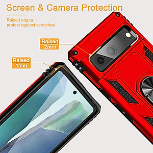 Muntinfe for Google Pixel 7 Case with Tempered Glass Screen Protector [2 Pack], Military-Grade Armor Shockproof Protective Phone Case Cover with Ring Magnetic Kickstand for Pixel 7, Red