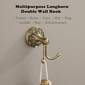 Lucyound Antique Brass Towel Hook, Wall Mounted Bathroom Double Hook for Clothing & Robe Hanger, Screws Install Shower Wall Hook, Vintage Petal-Relief Series