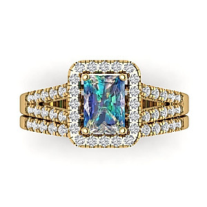 Clara Pucci 1.5ct Emerald Halo Solitaire Genuine Blue Moissanite Anniversary Wedding Engagement Ring Band set 18K Yellow Gold 3.5
