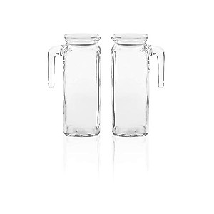 Bormioli Rocco Frigoverre Jug With Airtight Lids Set of 2 Glass Pitchers With Hermetic Sealing, Easy Pour Spout with Handle –For Water, Juice, Iced Coffee & Iced Tea. (39 Ounce = Set of 2)