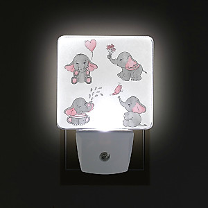 Naanle Set of 2 Cute Cartoon Baby Elephant Hold Heart Shape Balloon Flowers Play Butterfly Water Drop Fountain Nightlight Auto Sensor LED Dusk to Dawn Night Light Plug in Indoor for Adults