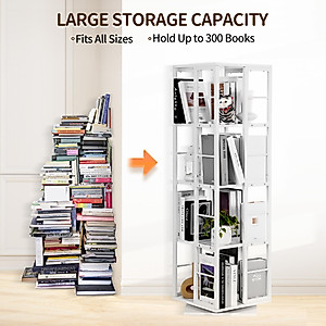 Rengue Rotating Bookshelf, 4-Tier 360 Revolving Bookcase Spinning Bookshelf Square Corner Bookshelf Organizer Storage Rack for Small Space,Bedroom, Study Room, White