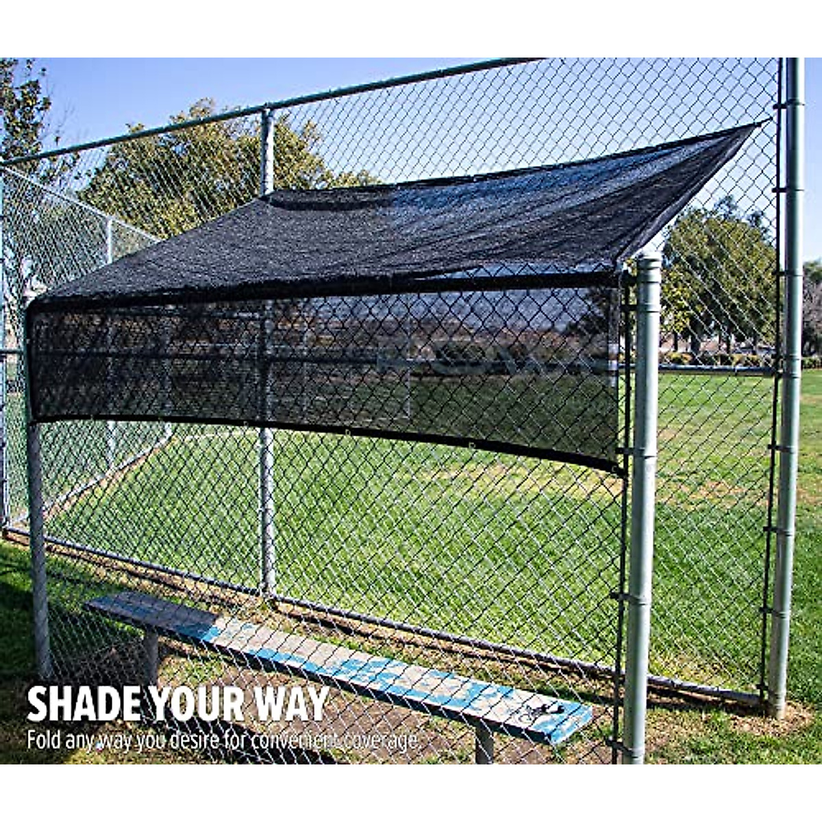PowerNet Fence Shade Net Cover | Portable Baseball Softball Dugout Sun Screen | 18.75 FT x 7 FT | Blocks Sun to Keep Players Cool | Easily Attach to Any Chain Link Fence with Included Bungee Ball Ties