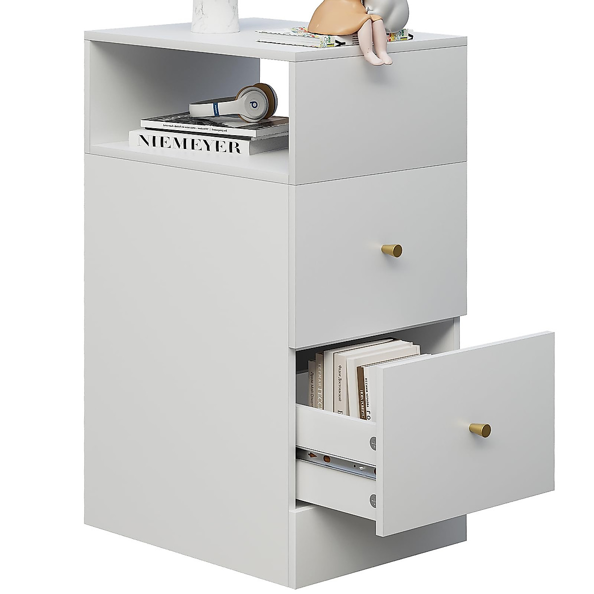 Aenuert White Nightstand with Two Drawers,Chest of Drawers for Bedroom with Side Opening Storage Rack,3 Tiers Modern Night Table for Bedroom Storage Furniture (Right Angle)