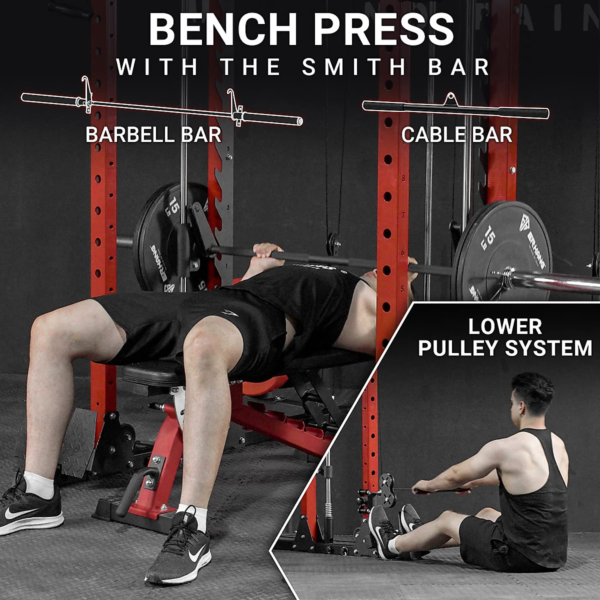 ER KANG Smith Machine, 2000LBS Strength Training Power Cage with Smith Bar and LAT Pull Down System, Multi-Function Linear Bearing Cable Crossover Machine for Home Gym, 2×3”, Red