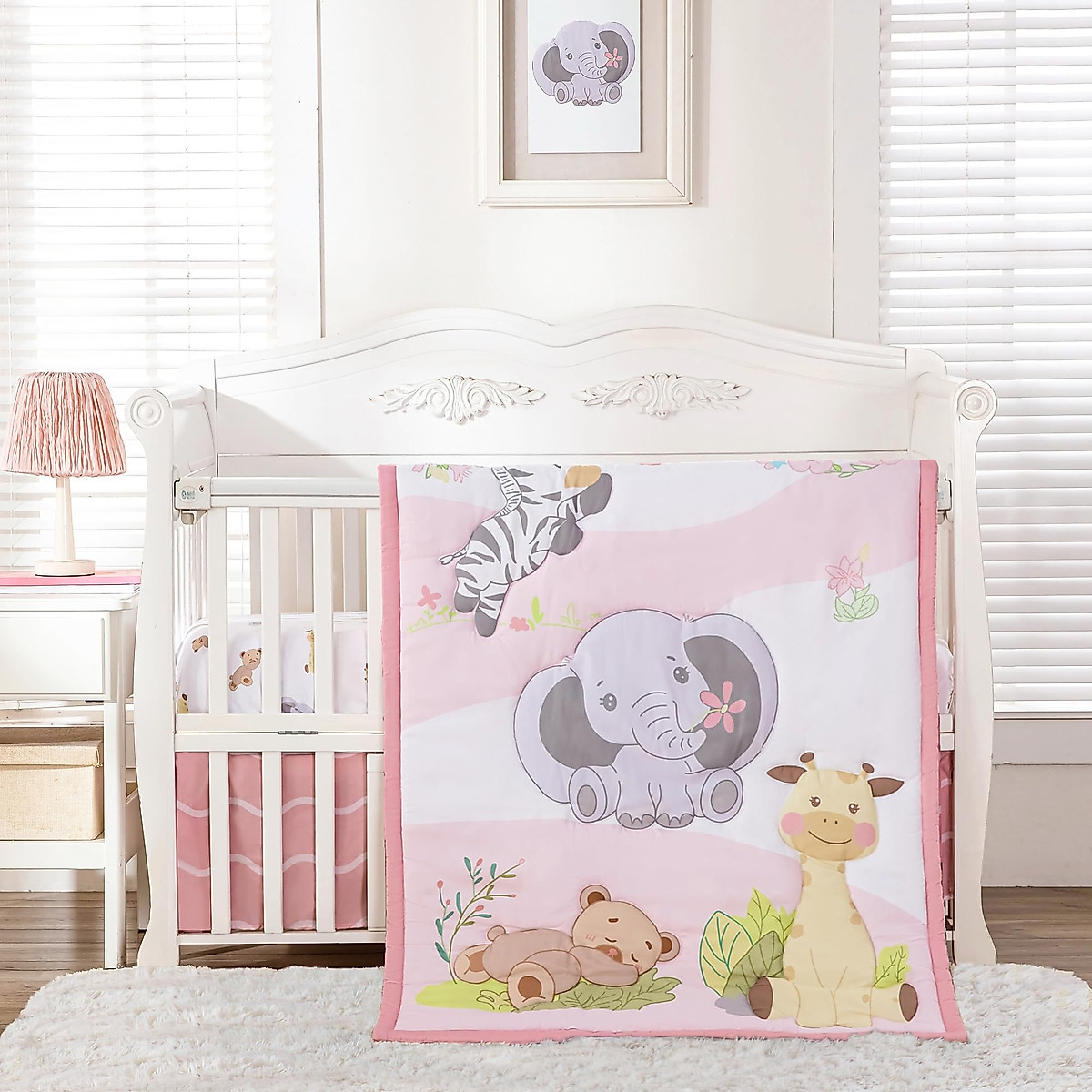Baevellery Crib Bedding Set for Girls 3Piece Jungle Elephant Baby Girl Crib Bedding Set Nursery Crib Set for Baby Girl - Fitted Sheet Crib Comforter Crib Skirt
