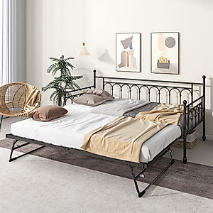 kuurfuurdo Twin Daybed with Trundle, Metal Daybed with Pop Up Trundle, Day Bed with Trundle Bed Twin, Steel Slat Support Sofa Bed for Kids Teens Adults Living Room, No Box Spring Needed