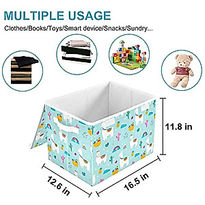 CaTaKu Alpaca Cactuses Leaves Storage Bins with Lids Fabric Large Storage Container Cube Basket with Handle Decorative Storage Boxes for Organizing Clothes Shelves