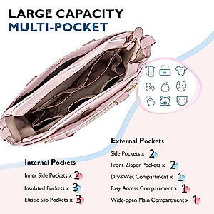 mommore Diaper Bag Tote with Changing Pad, Dry And Wet Compartment Large Capacity Baby Bag Crossbody Travel Maternity Bag, Pink