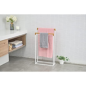 ikloo 33 Inch 2-Tier White Metal Freestanding Bathroom Towel Rack Stand with Bamboo Wood Bar, Laundry Room Drying Rack Holder, Bathroom Storage Organizer.