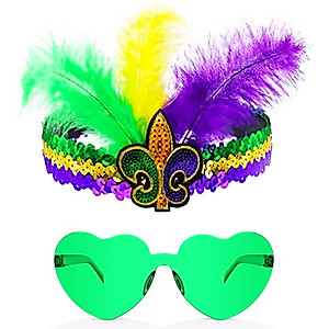 Mardi Gras Fluer Di Lis Headband Feather Sequin Fascinators and Sunglasses Purple Yellow Green Masquerade Party Feather Headwear Cocktail Wedding Supplies Halloween Party Favor