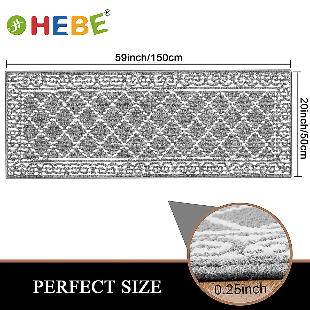 HEBE Indoor Door Mat Runner 20"x59" Non Slip Front Door Welcome Mats Washable Shoe Mats Dirt Trapper for Entryway Low Profile Kitchen Carpet for Entrance Hallways Entrance Mat for Dogs