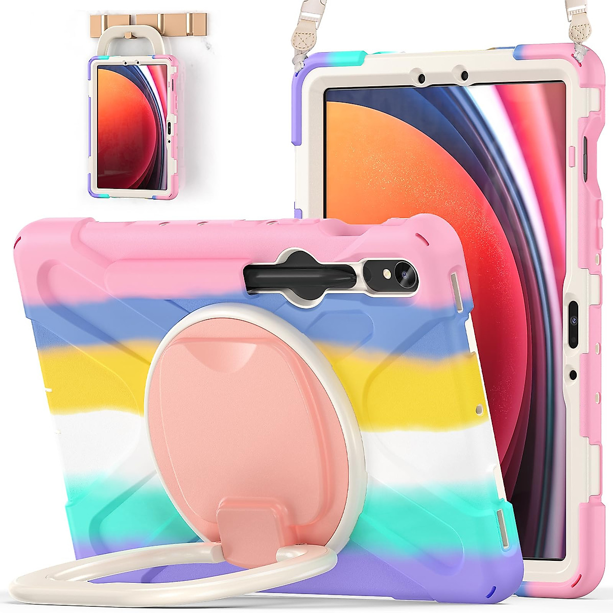 BATYUE Case for Samsung Galaxy Tab S9 FE 10.9" inch 2023, for Galaxy Tab S9 11" inch 2023, for Galaxy Tab S8/S7 Case with S Pen Holder/Rotating Stand/Shoulder Strap, Colourful Pink