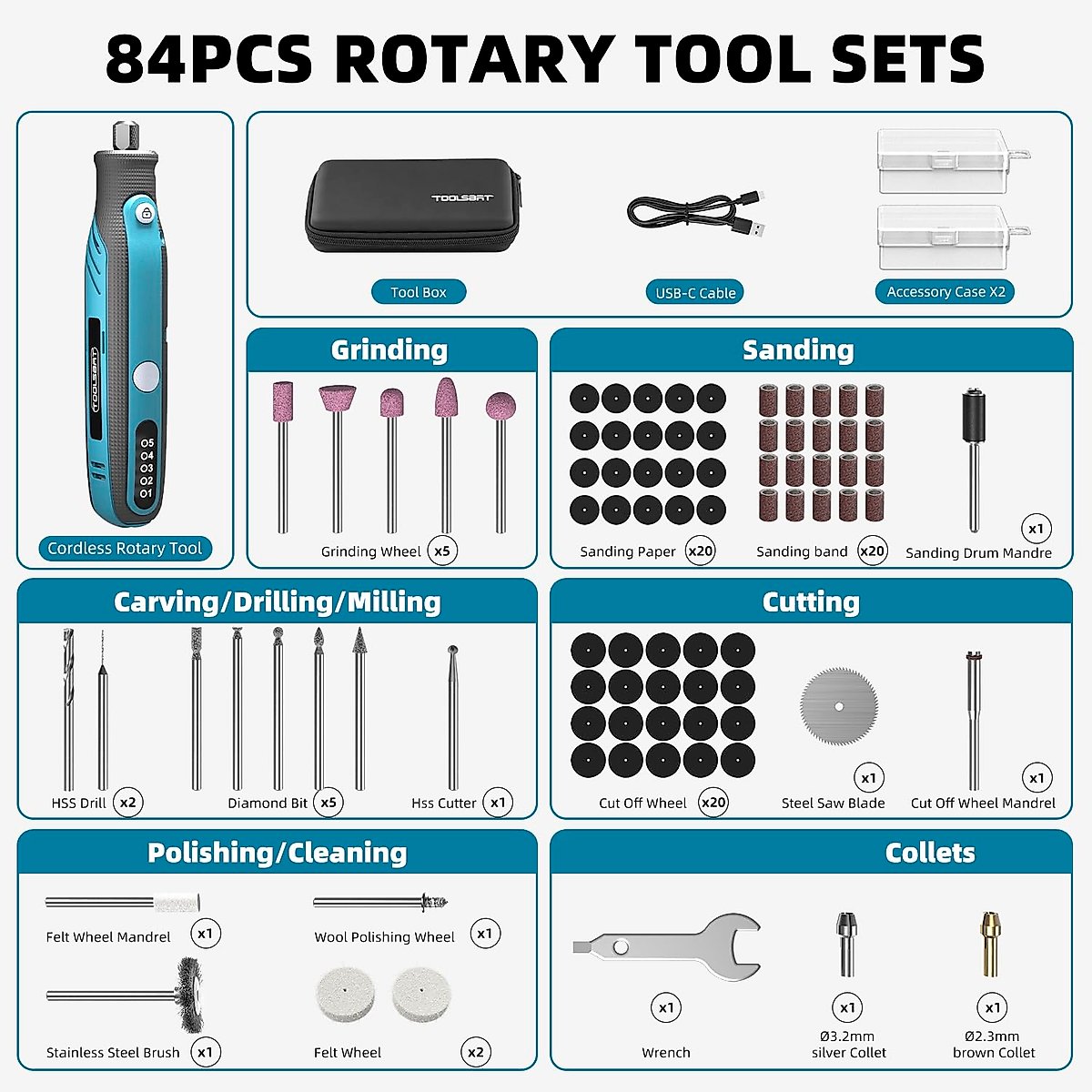 TOOLSBAT Cordless Rotary Tool Kit - 5-Speed Power Rotary Tools with 84 Accessories, 4V Rechargeable Power Rotary Tool, LED Screen Display, Tool Box for Grinding Drilling Cutting Handmade/DIY Creations