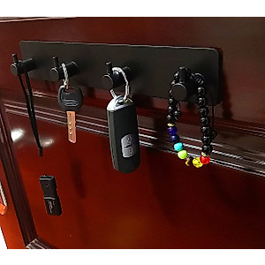 FULLINY Key Hooks for Wall Apartment Decor Adhesive Key Holder for Wall Decor with 4 Key Hooks,No Screw Holes Key Rack for Wall,Stainless Steel Heavy Duty Adhesive Hooks for Hanging,Black