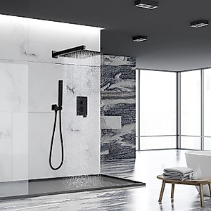 RUMOSE Matte Black Rainfall Shower System Fixture 12 Inch High Pressure Square Shower Head with 2 in 1 Handheld Spray Wall Mount Brass Bathroom Shower Faucet Set with cUPC Certified Rough-in Valve