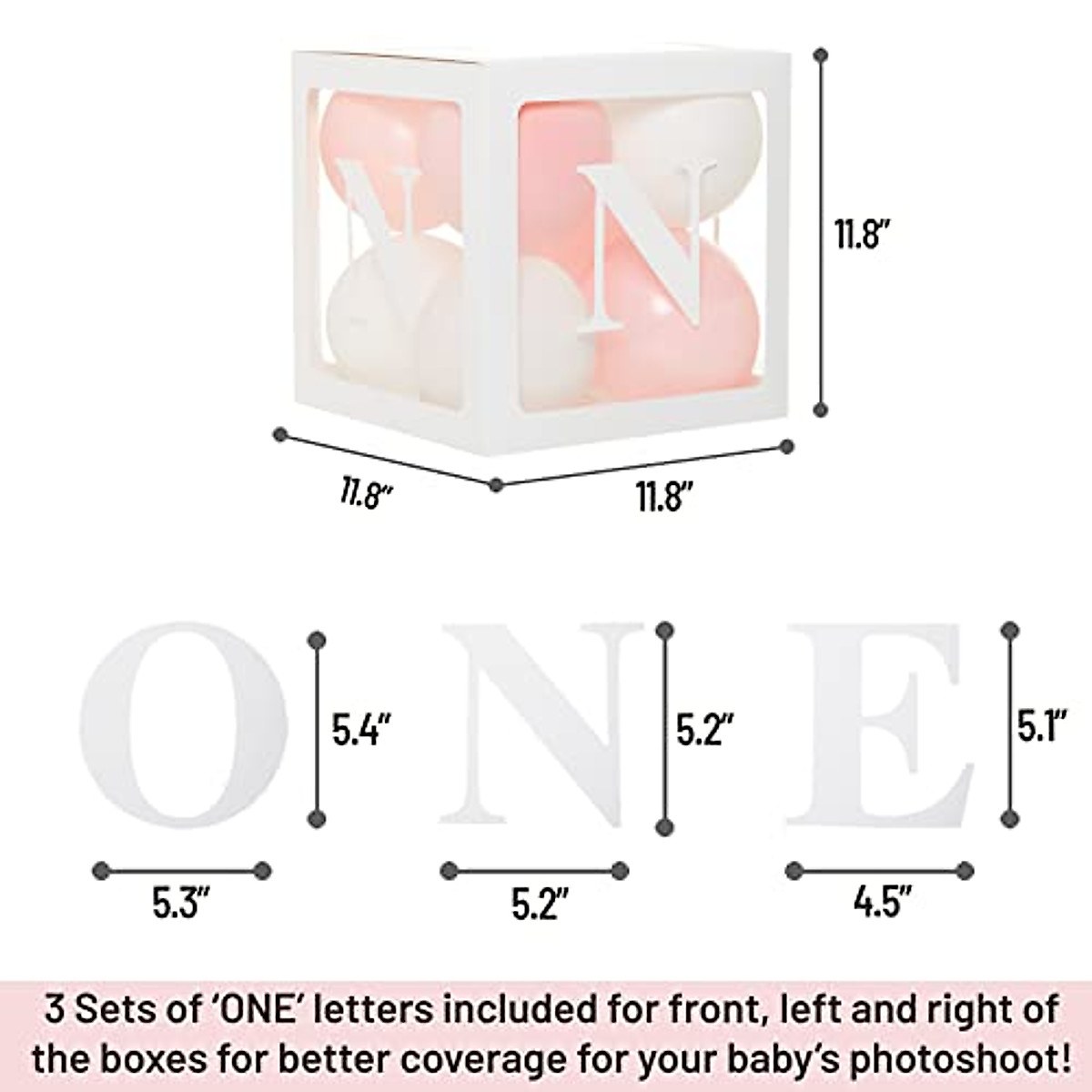 First Birthday Balloon 'ONE' Boxes for Baby Girl WITH 24 Balloons - Baby 1st Birthday Girl Decoration Clear Cube Blocks 'ONE' Letters as Cake Smash Photoshoot Props First Birthday Decorations Backdrop