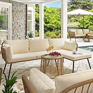 YITAHOME 3 Pieces Patio Furniture Set, Outdoor Wicker Conversation Sectional L-Shaped Sofa with 4 Seater for Backyard, Porch, Boho Detachable Lounger with Cushions and Coffee Table - Beige