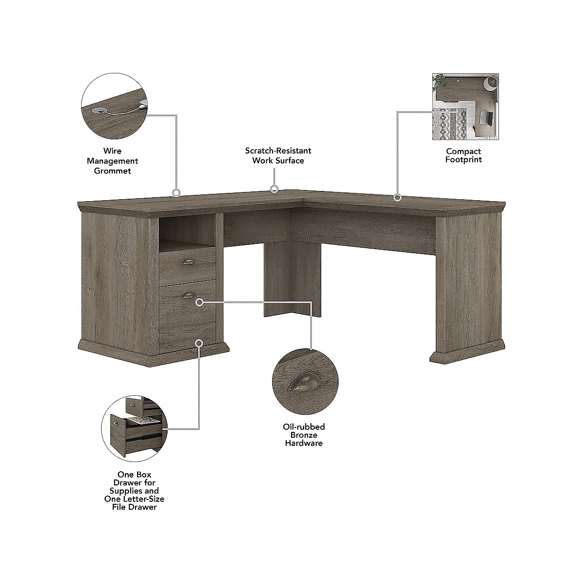 Bush Furniture Yorktown L Shaped Desk with Hutch, Lateral File Cabinet and 5 Shelf Bookcase, 60W, Restored Gray